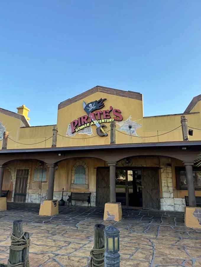 The entrance welcomes you to a world where parking lots transform into portals to high-seas adventure and dinner.