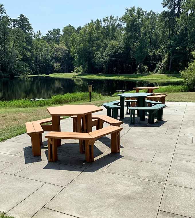 Hexagonal picnic tables overlooking the water, where lunch tastes better and worries seem to float away downstream.