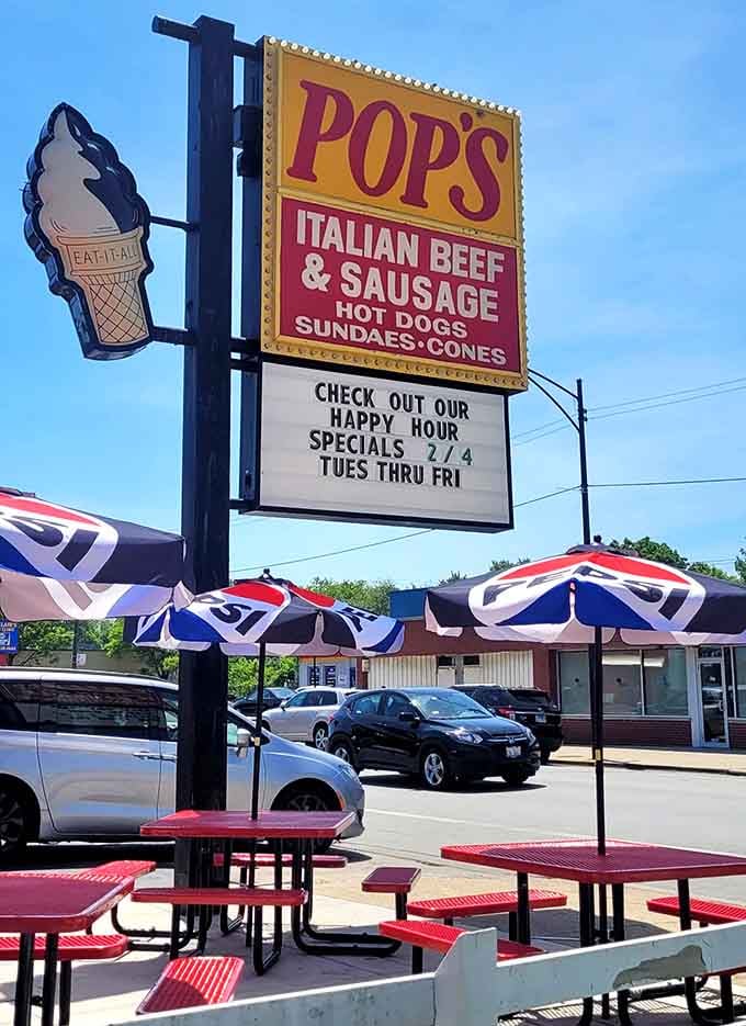 The outdoor sign promises Italian beef, hot dogs, and ice cream; basically everything you need for happiness.