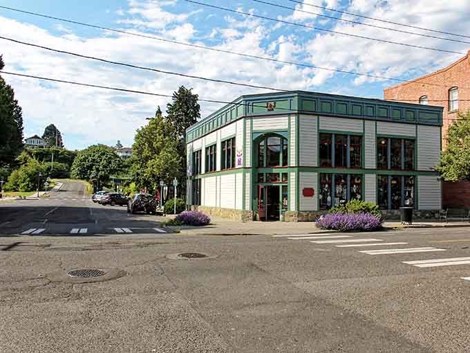 This corner building's mint-green trim makes it look like a wedding cake designed by very tasteful architects.