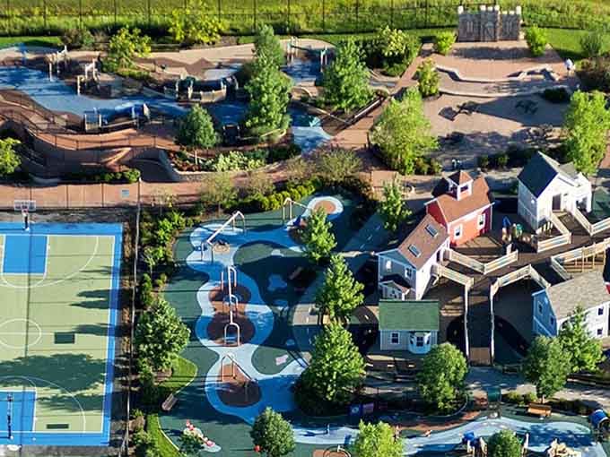 From above, this playground looks like someone built a small town dedicated entirely to joy.