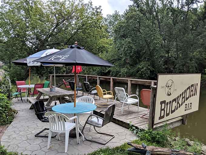 Molly's Buckhorn Bar sits riverside, offering the perfect spot to rest your antiquing feet and contemplate your purchases.