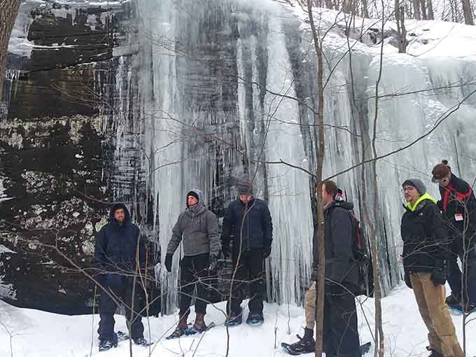 Winter hikers discovering frozen waterfalls that transform into towering ice sculptures worthy of any art museum display.