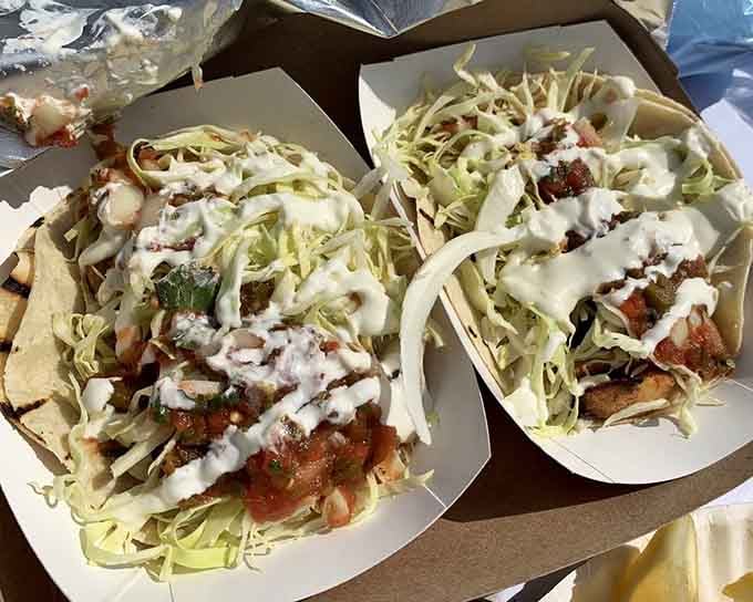 Fish tacos piled high with fresh toppings show that even the simple menu items get the royal treatment here.