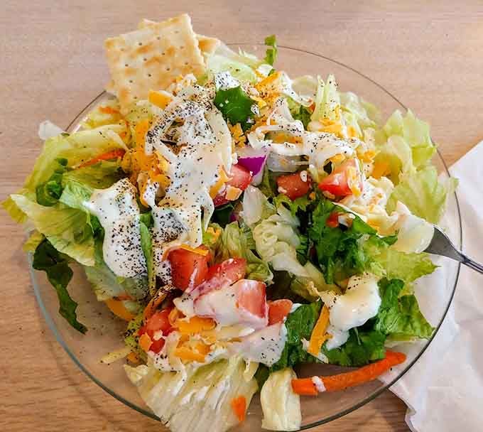 Fresh salad with creamy ranch dressing, because even breakfast lovers occasionally remember vegetables exist and matter.