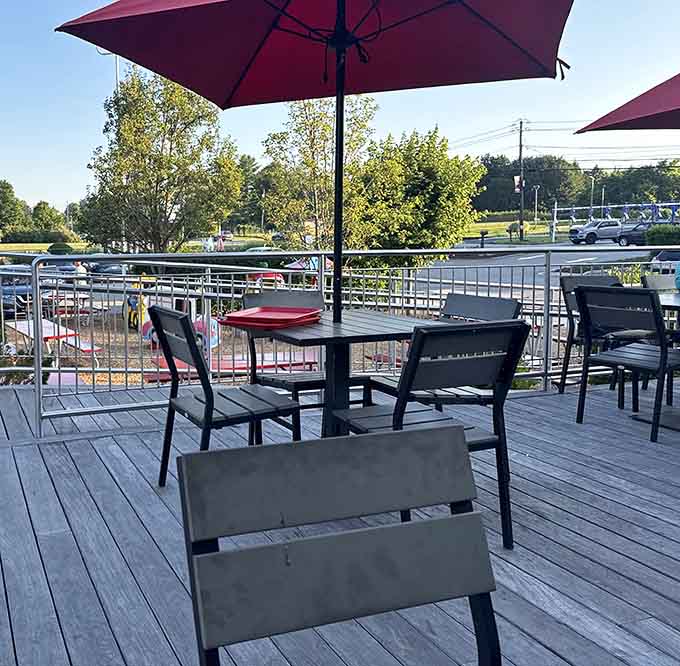 Outdoor seating with a view of Route 22 turns a simple meal into a front-row seat to Americana.