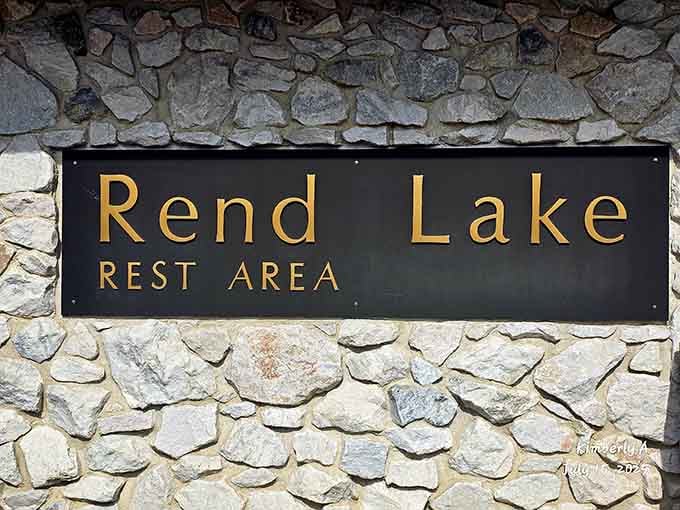 Classic gold lettering on stone announces your arrival at a rest area that actually lives up to its name.