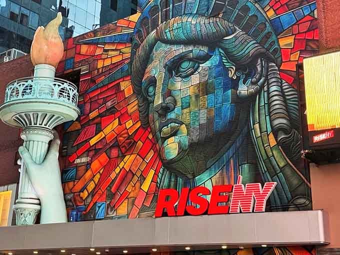 When the Statue of Liberty trades her torch for technicolor tiles, you know you're in for something spectacularly different.