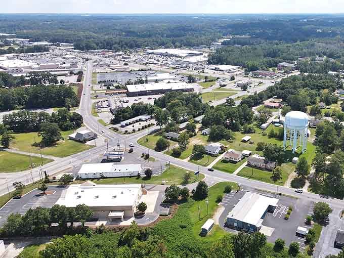 From above, the town reveals its perfect blend of commerce, community, and Carolina countryside stretching endlessly.