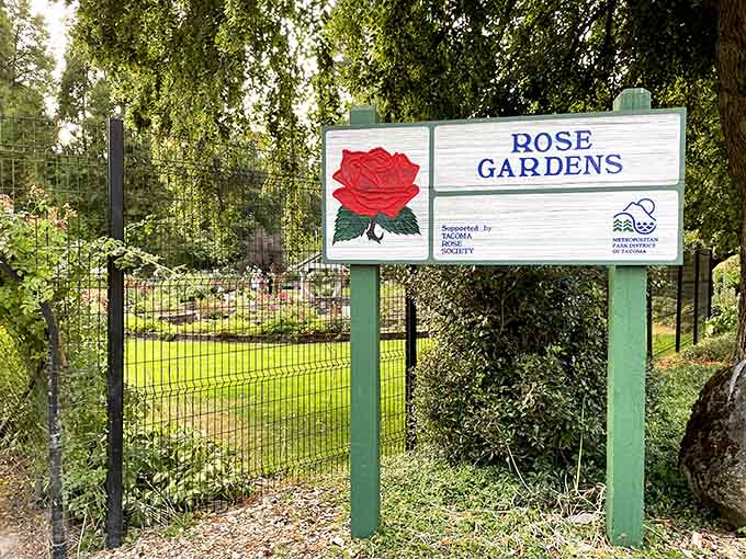 The official Rose Garden sign marks your arrival at what might become your new favorite escape spot.