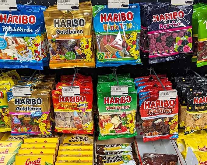 Haribo gummy bears in every flavor remind you this isn't just dinner, it's a full German grocery experience worth exploring.