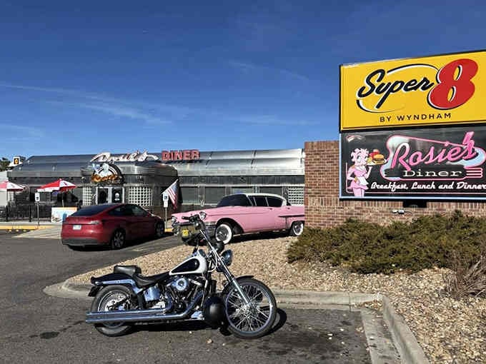 Pink Cadillac parked outside because of course there is: some places just understand the assignment perfectly.