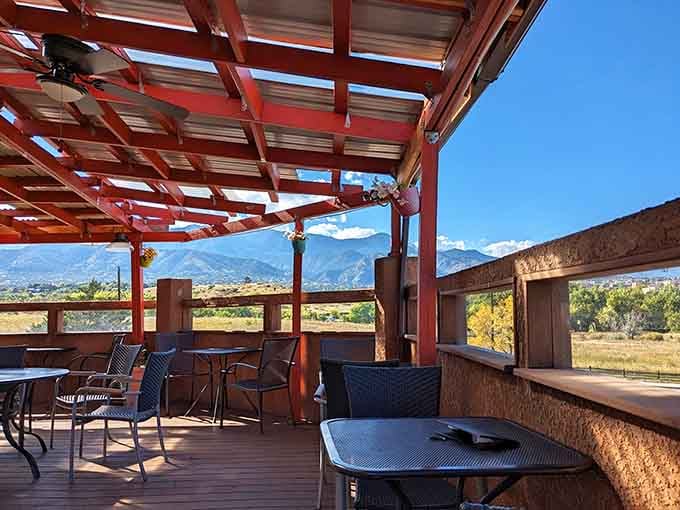 The patio offers fresh air and stunning views, perfect for enjoying your meal under Colorado skies.