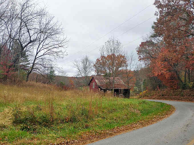 Weathered barns along the route tell stories of mountain life while autumn leaves carpet the quiet roadside.