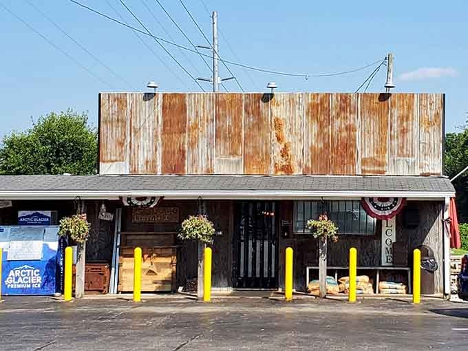 Patriotic bunting and hanging flower baskets add small-town charm to a storefront that's big on flavor and heart.