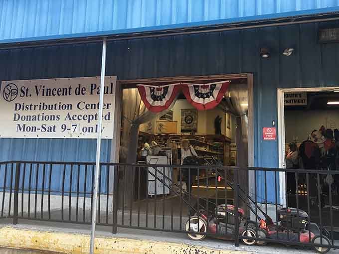 The entrance welcomes donations and shoppers alike, where community generosity meets bargain hunting in perfect harmony every single day.