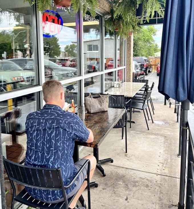 Outdoor seating where you can watch the world go by while devouring the best burrito around.