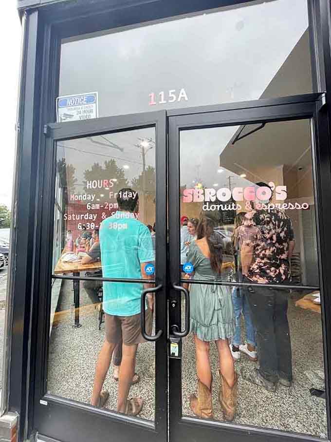 The entrance where donut dreams begin and the only difficult decision is how many to order.
