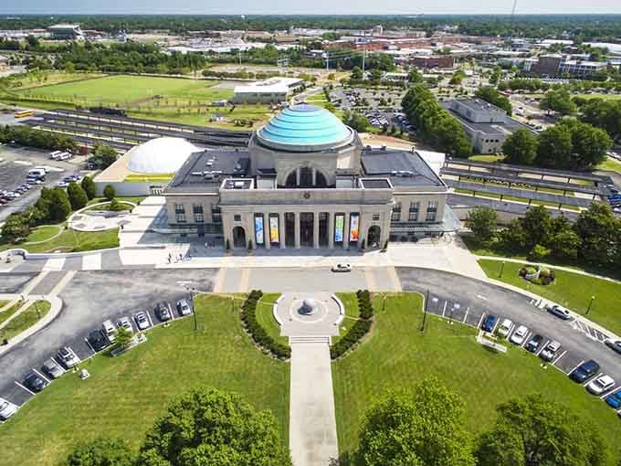 The aerial view reveals how this architectural gem anchors Richmond's landscape like a beacon of curiosity.