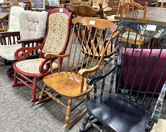 Vintage rocking chairs with more character than most people you'll meet, each one telling its own silent story.