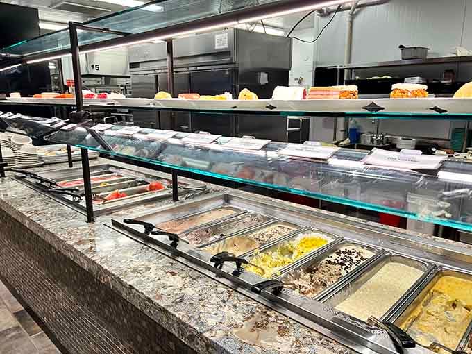 The dessert station stretches out like a sweet dream, with pies and puddings calling your name insistently.