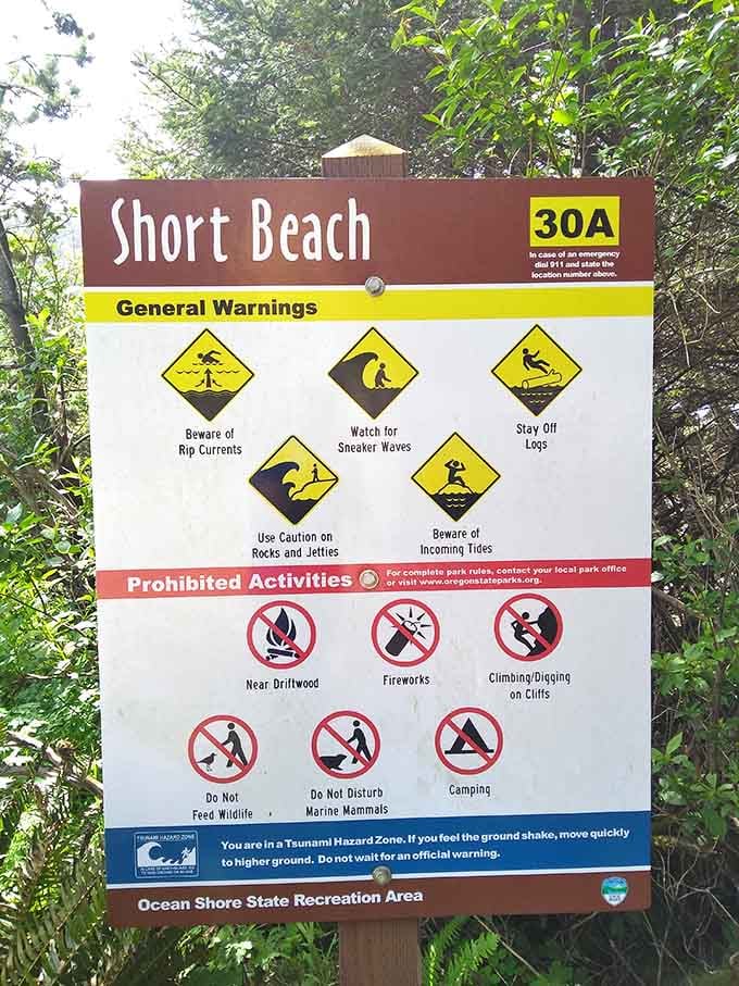 Safety signs remind visitors that respecting nature's power is part of enjoying Oregon's magnificent coastline responsibly.