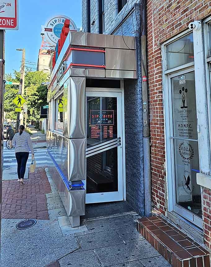 The unassuming entrance hides breakfast magic within, like a chrome-covered portal to your happiest morning memories and fullest stomach.