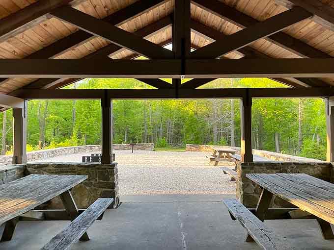 Covered picnic pavilions provide shelter for post-hike celebrations and well-deserved sandwich victories with friends.