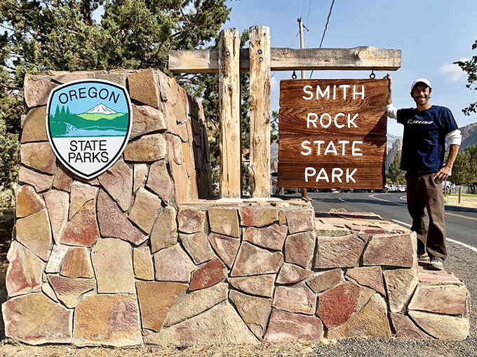 The iconic entrance welcomes visitors to Oregon's geological masterpiece, where the real adventure is just steps away from here.