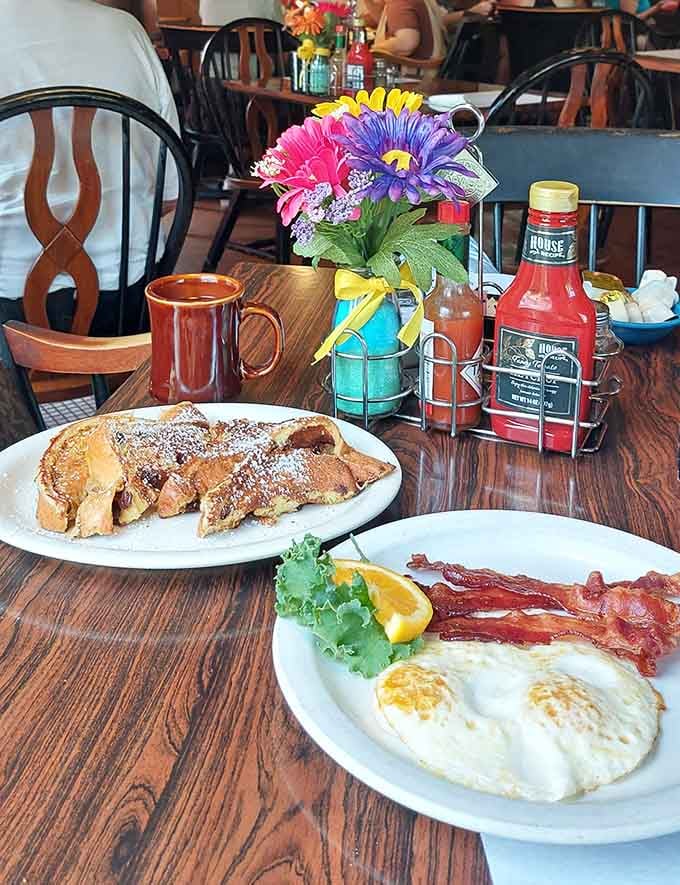 Two perfect plates, colorful flowers, and hot coffee – this is what weekend mornings were invented for, folks.