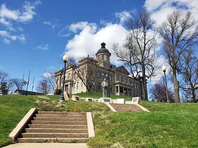 The Old County Courthouse crowns its hill majestically, reminding everyone that government buildings used to have serious style.