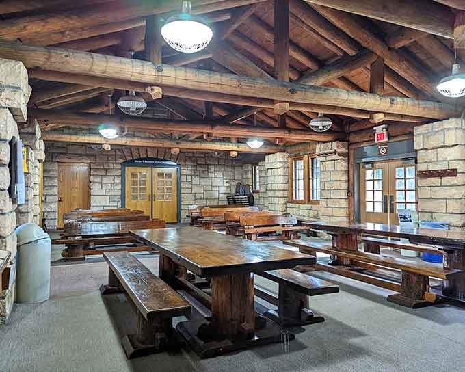 Inside the visitor center, rustic craftsmanship meets practical comfort for weary but happy hikers.