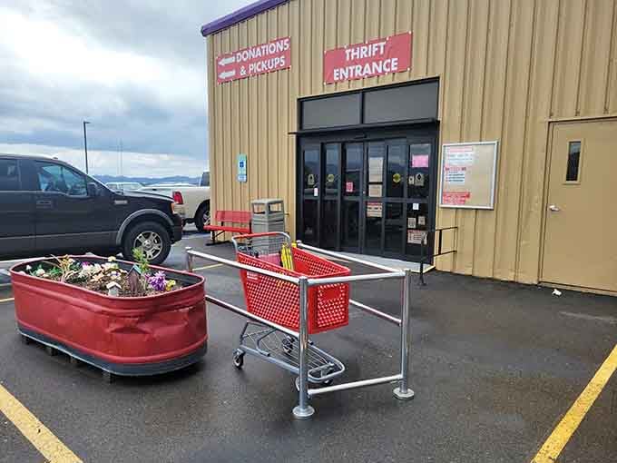 The entrance welcomes donations and shoppers alike, completing the circle of community giving and receiving beautifully.