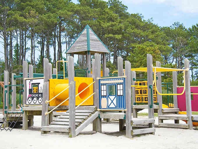 Playground equipment ready for action, where kids can climb, slide, and burn off energy for hours on end.