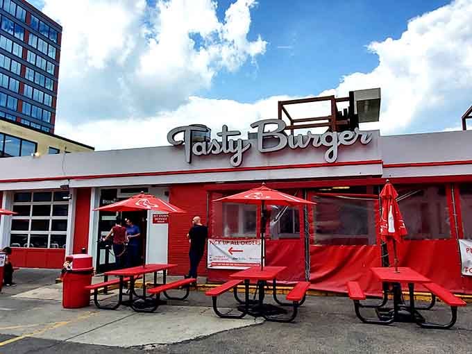 Outdoor seating under bright red umbrellas where you can people-watch Fenway while demolishing a perfectly affordable burger feast.
