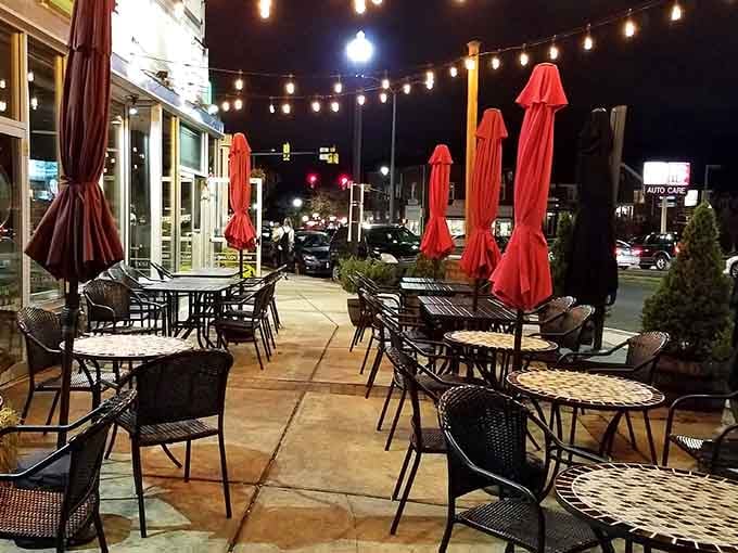 String lights and patio seating create the ideal setting for summer evenings filled with good food and better company.