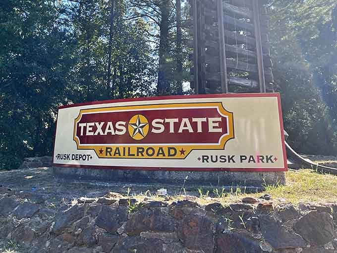 Bold signage welcomes visitors to both the Rusk Depot and park, marking the gateway to your East Texas escape.