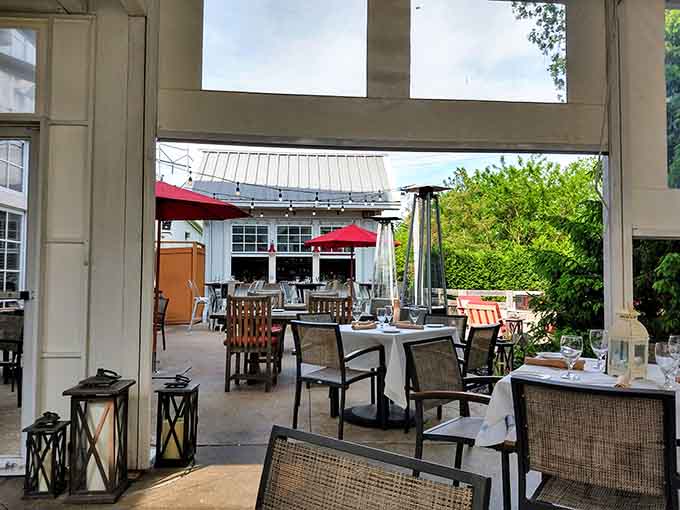 The patio offers fresh air dining with umbrellas, perfect for those evenings when Ohio weather cooperates beautifully.