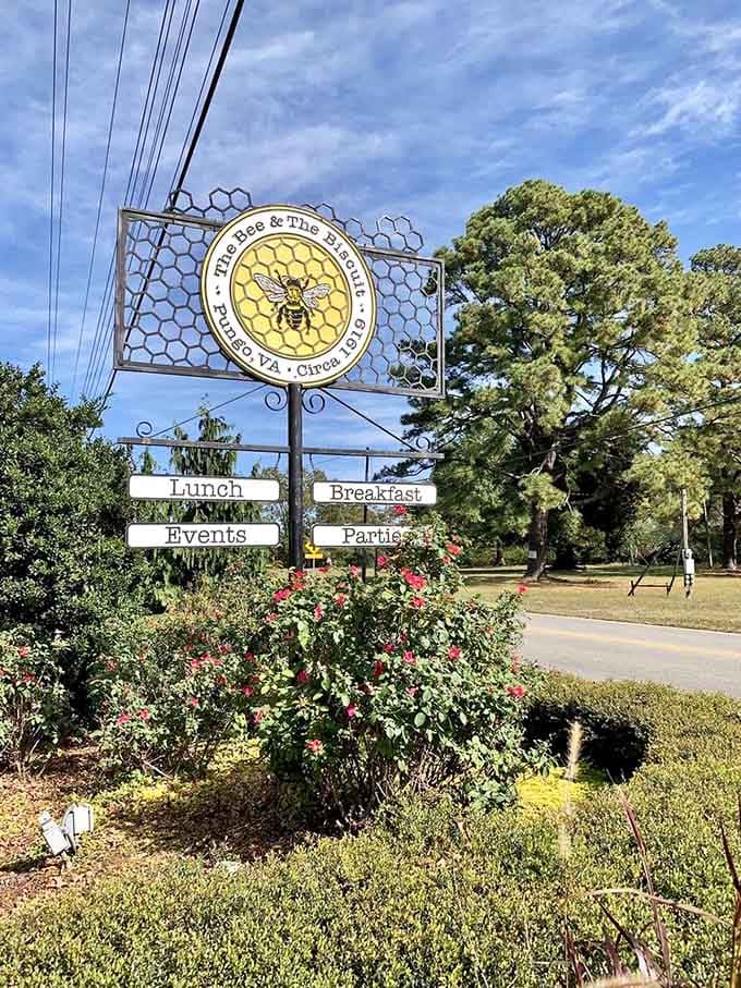 That cheerful sign advertising breakfast, lunch, events, and parties basically covers every reason you'll ever need to visit.