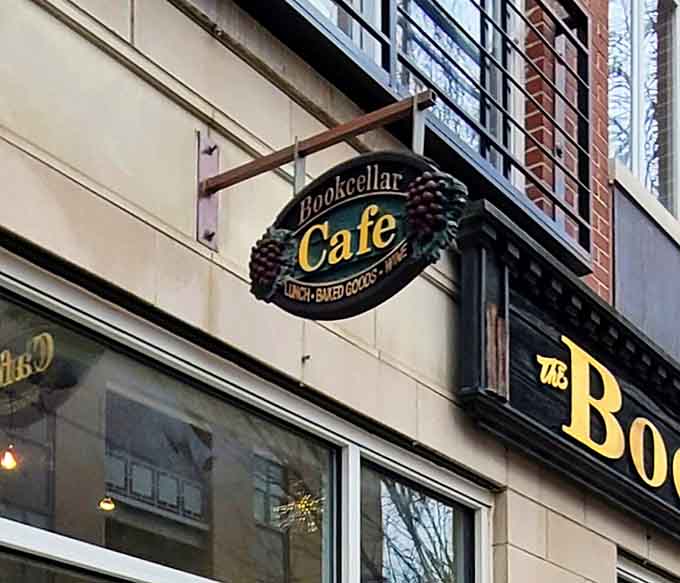 That cafe sign promises lunch, baked goods, and coffee, which means you never have to leave once inside.