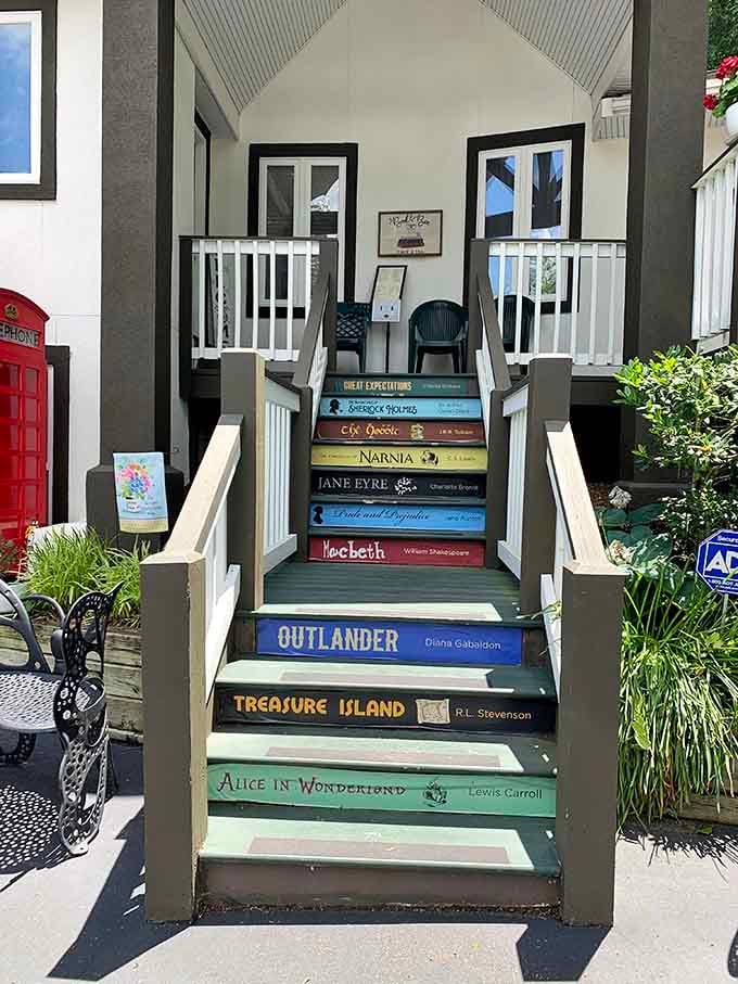 Stairs painted like stacked books lead you into a world where literature and lunch collide beautifully.