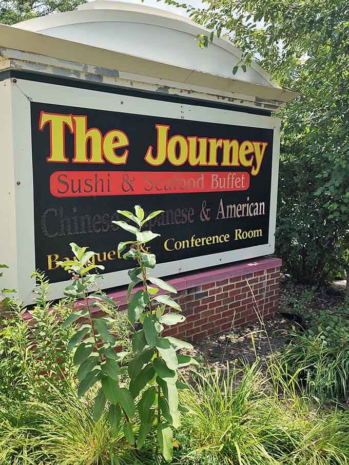 The sign promises sushi, seafood, and American favorites, basically covering every possible craving you might have.