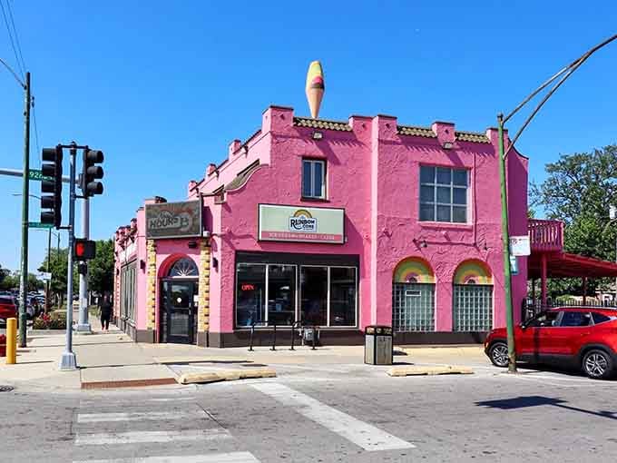 That pink exterior isn't subtle, but then again, neither is stacking five ice cream flavors together.