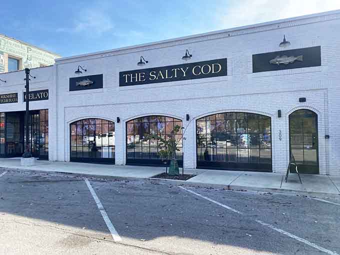 The exterior view shows The Salty Cod's prime location, ready to transport your taste buds across the pond.
