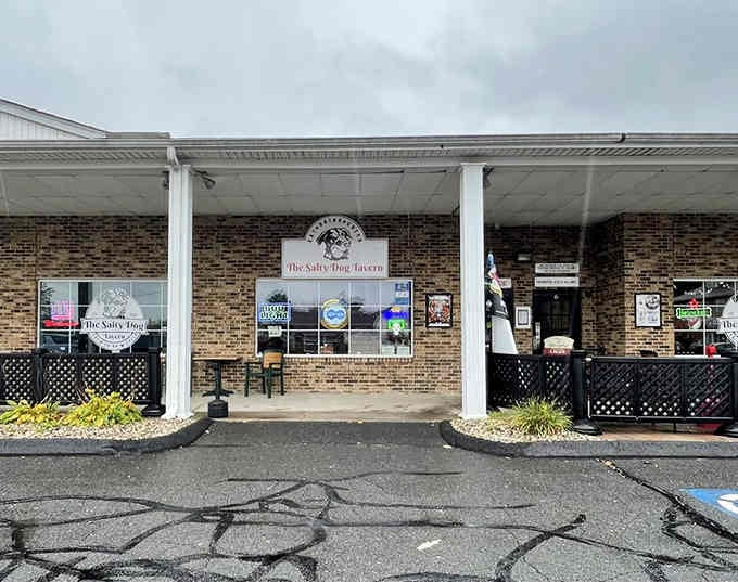 The covered entrance and brick exterior give this strip mall gem a charm that belies its spectacular burger prowess.