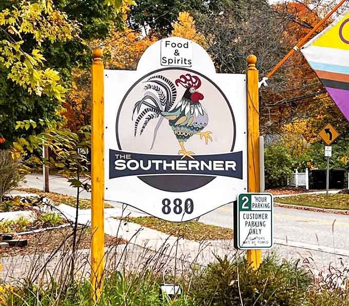 That rooster sign isn't just pointing you toward food, it's pointing you toward a genuine Southern experience up north.