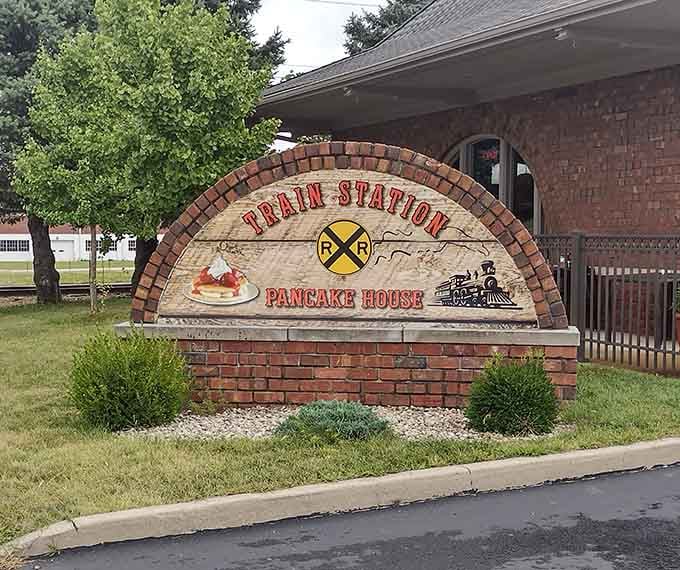 The brick sign out front announces your destination clearly: where railroad history meets pancake excellence in perfect harmony.