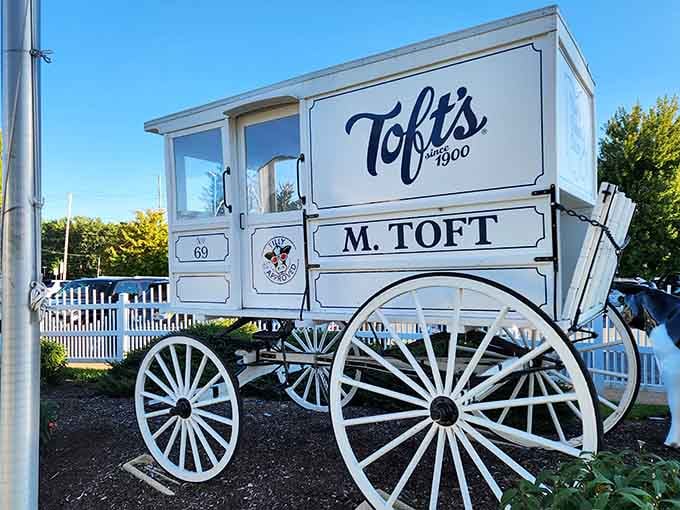 A vintage delivery wagon outside pays homage to Toft's long history without making the whole place feel like a museum.