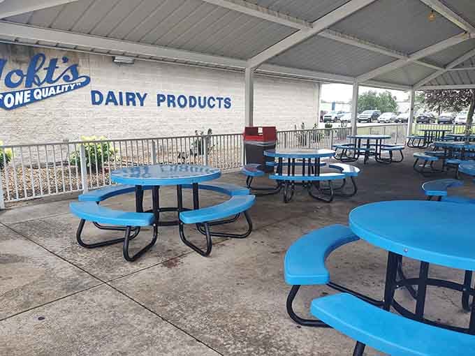 Bright blue picnic tables under covered outdoor seating offer the perfect spot for enjoying scoops in any weather.