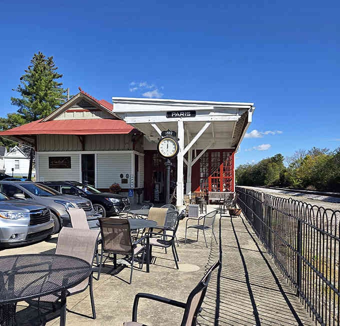 The historic depot exterior stands proud, welcoming hungry travelers just like it did generations ago.